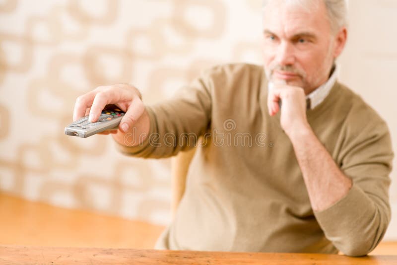 Senior Mature Man with Remote Control Stock Image - Image of television ...