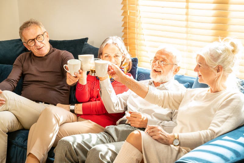 Senior Old Friends Celebrating with Tea or Coffee Stock Photo - Image ...