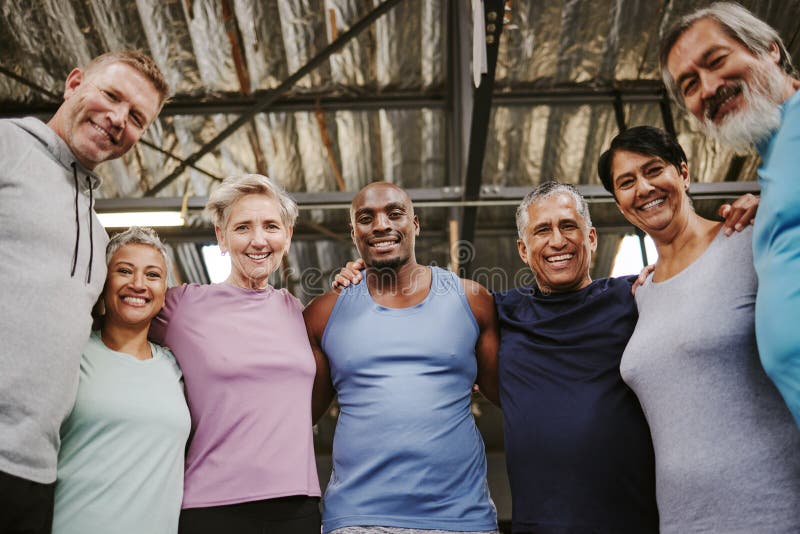 Senior People Fitness Portrait And Group Support For Training Workout