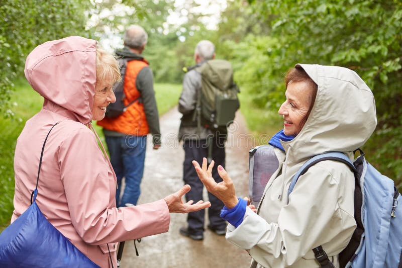 Senior People Hiking As a Group in Rainy Fall Forest Stock Photo ...