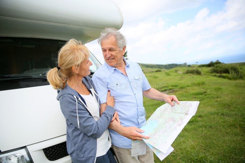 Senior People Reading Map Stopping on Roadtrip Stock Image - Image of ...