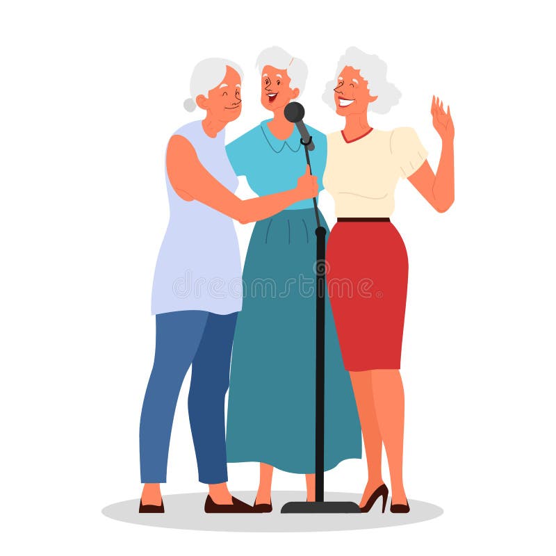 Senior People Singing Karaoke Old Man Singing Song Stock Vector