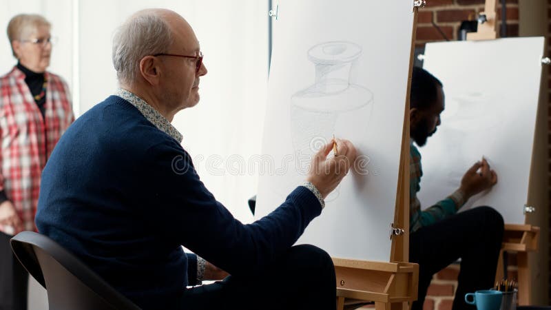Senior Person Attending Art Class Program To Learn Drawing on Canvas ...