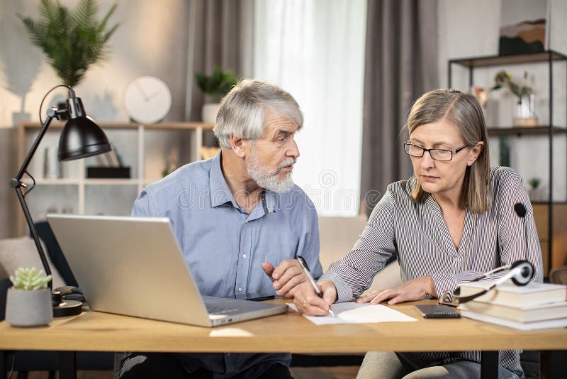 Senior Professionals Doing Distant Work in Home Office Stock Image - Image of document, office ...