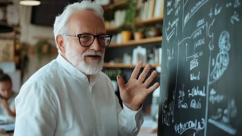 A Senior Professor Enthusiastically Explains a Complex Equation on a ...