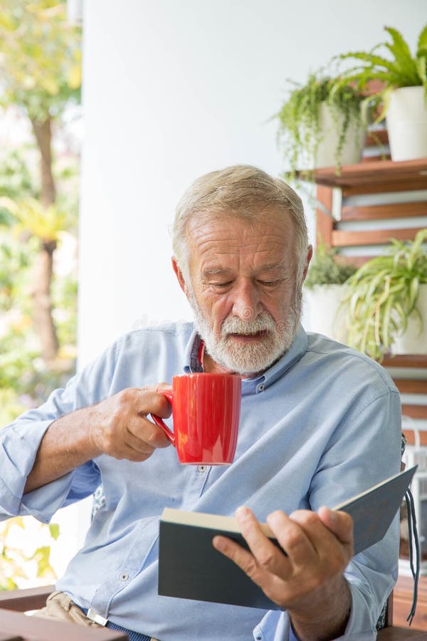 Senior Retirement Man Happy Reading Book at Home Stock Photo - Image of ...