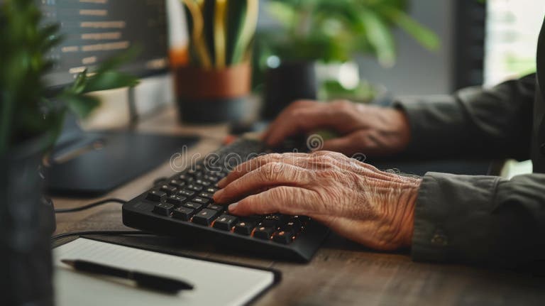 A Senior S Hands on Keyboard.AI Generated Image Stock Image - Image of ...
