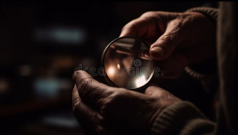 Senior Scientist Examining Material with Magnifying Glass in Close Up ...