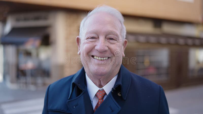 Senior Smiling Confident at Coffee Shop Terrace Stock Image - Image of ...