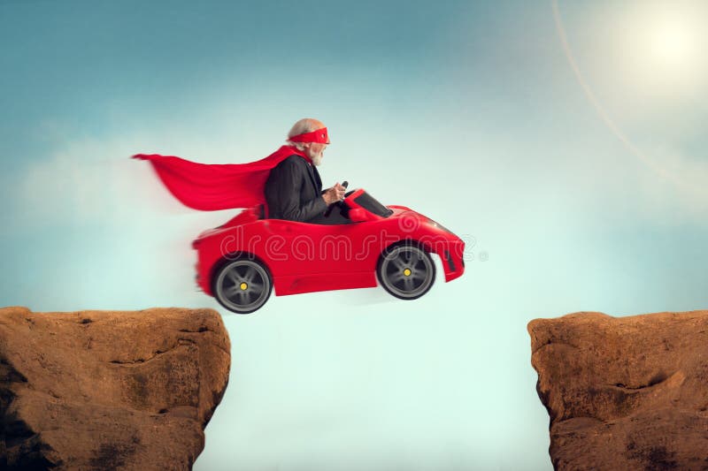 Senior Superhero Driving a Car Off a Ravine Stock Image - Image of jump ...