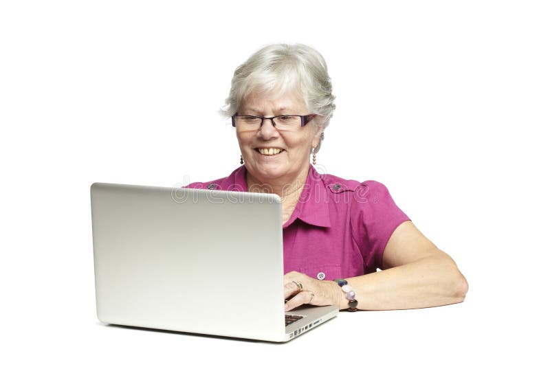 Mature Senior Woman Laptop Computer, Happy Smile Stock Image - Image of ...