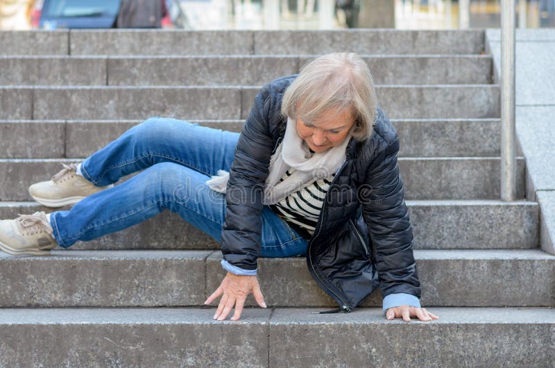 Senior Woman Falling Down Stone Steps Outdoors Stock Image - Image of ...