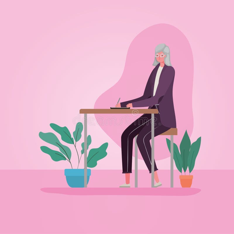 Senior Woman Cartoon at Desk Vector Design Stock Vector - Illustration ...