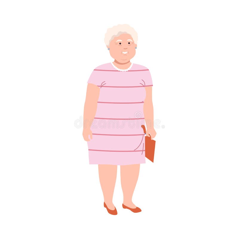 Senior Woman Character With Grey Hair Having Corpulent Body In Standing
