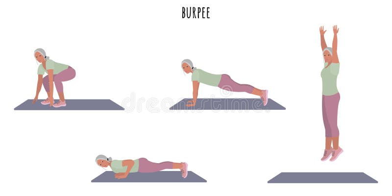 Senior Woman Doing Burpee Exercise Stock Illustration - Illustration of ...
