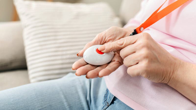 Senior Woman Hand Pressing Alarm Button, Closeup Stock Image - Image of ...