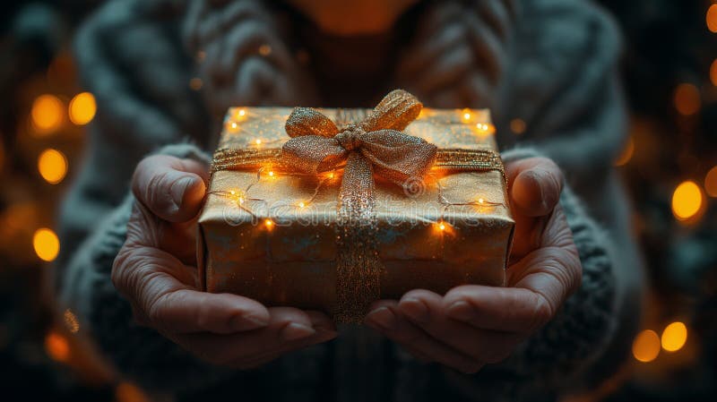 Senior Woman Hands with Gift Wrapped in Paper Stock Photo - Image of ...