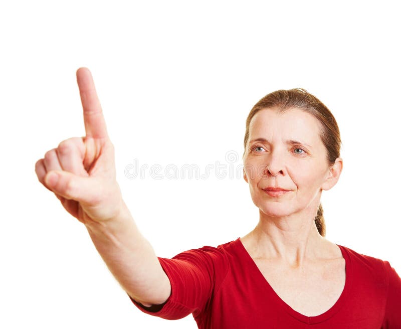 Senior Woman Holding Index Finger Stock Photo - Image of view, explain ...