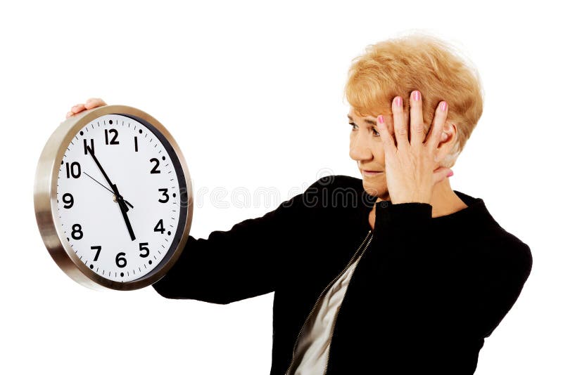 Senior Woman Looking at the Clock in Despair Stock Image - Image of ...