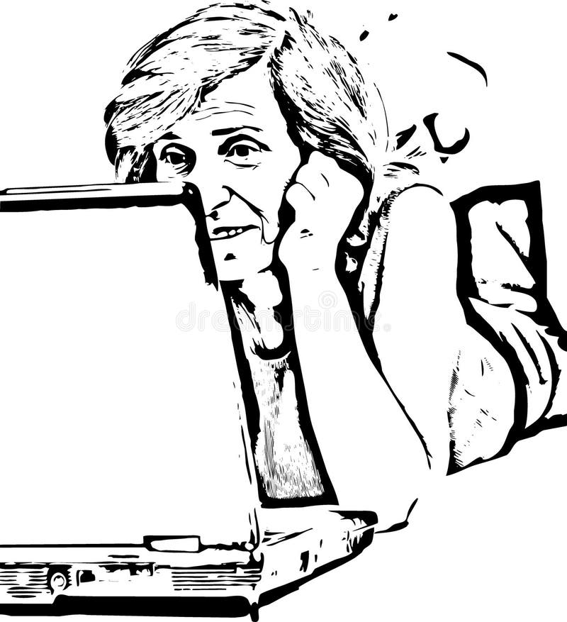 Senior Woman Looking into Laptop on Floor Sketch Vector Sketch Vector ...