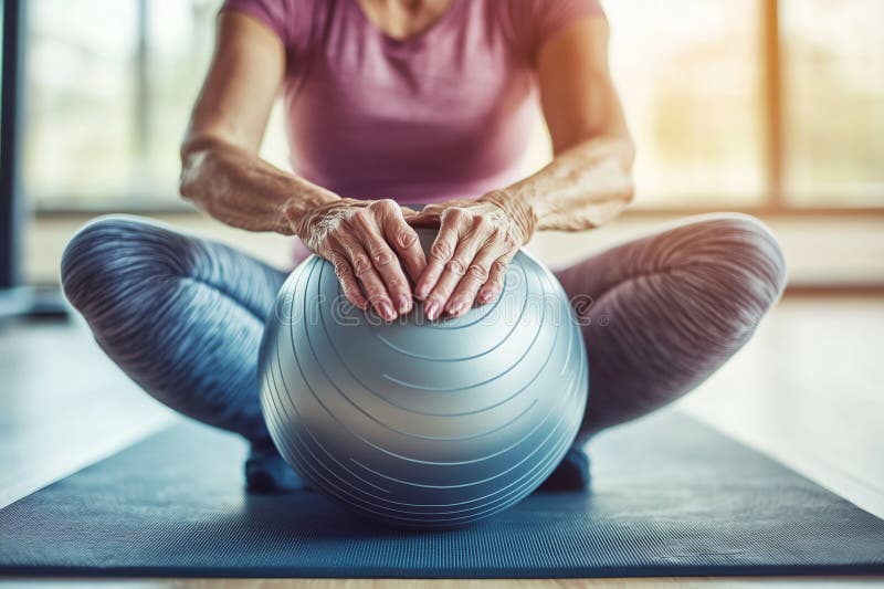 Senior Woman in a Modern Gym Performing Stretching Exercises for ...