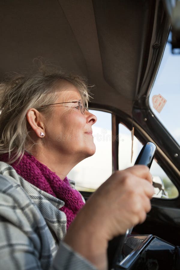 Senior Woman in Oldtimer Car Stock Image - Image of inside, person ...