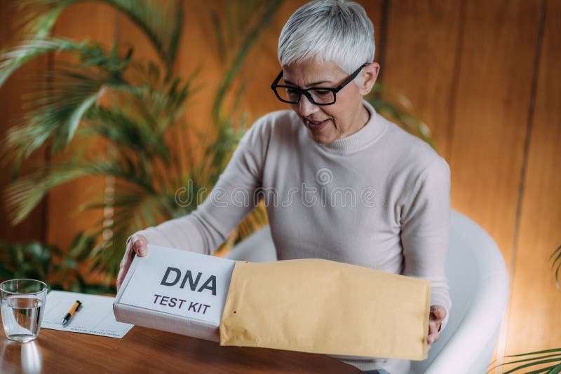 Senior Woman Preparing DNA Genetic Test Kit Stock Photo - Image of wipe ...