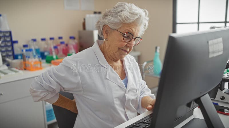 A Senior Woman Scientist Analyzing Data on a Computer in a Laboratory ...