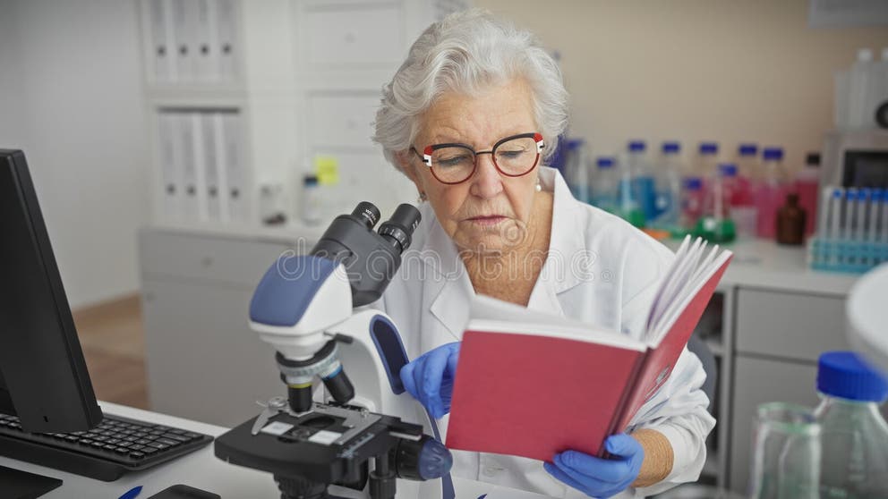 Senior Woman Scientist Reading a Book while Working with a Microscope ...