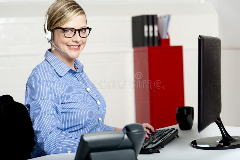 Front Desk Lady Busy Working Stock Image - Image of business, assistant ...