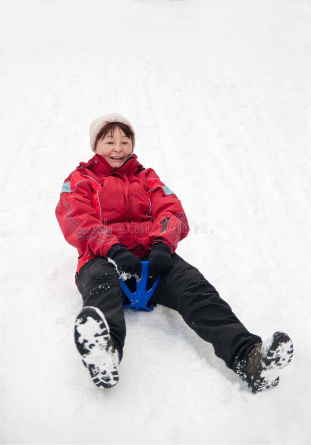 Senior Woman on Sledge - Winter Snow Activity Stock Image - Image of ...