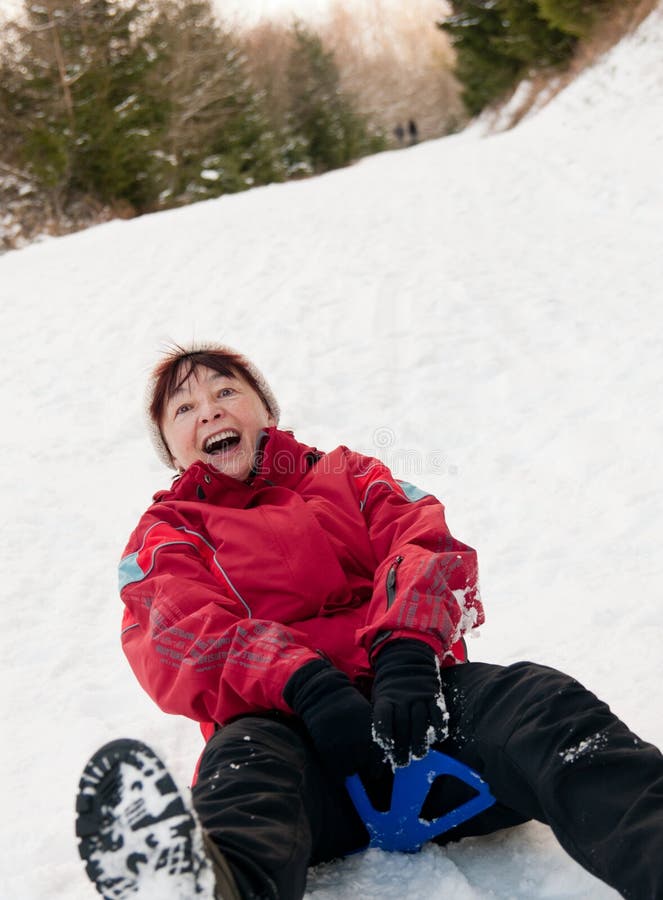Senior Woman on Sledge - Winter Snow Activity Stock Image - Image of ...