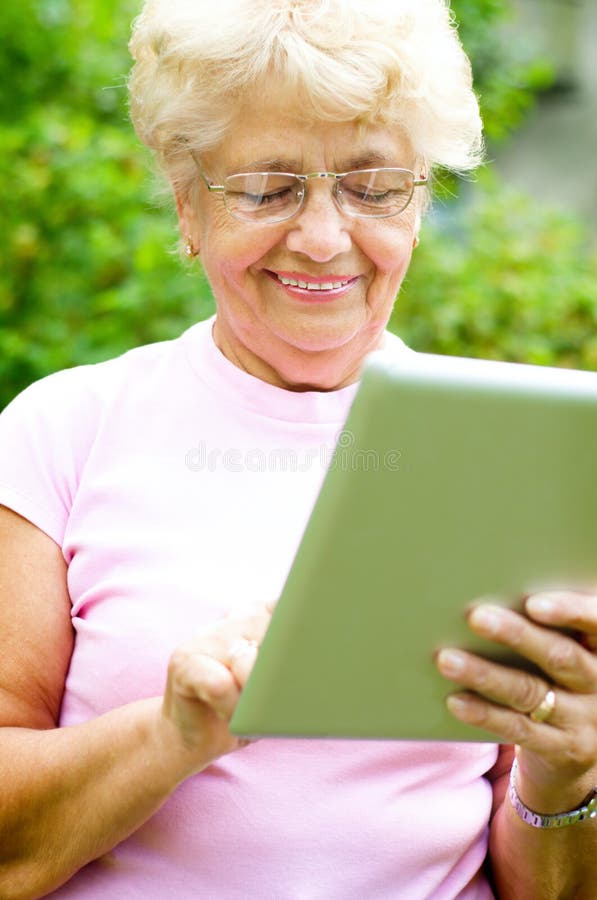 Mature Senior Woman Laptop Computer, Happy Smile Stock Image - Image of ...