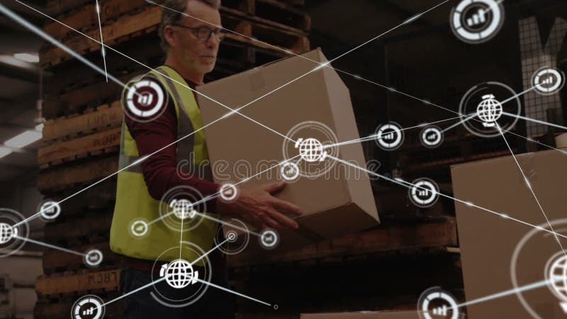Senior Worker Reaching for Box and Lifting on Pallet with Network Icons ...