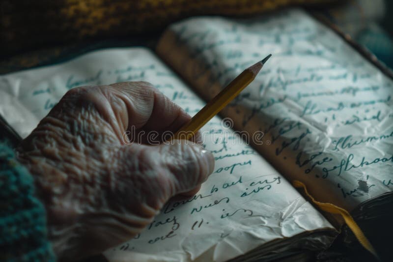 Senior Writer Holding Pencil Taking Notes in Old Book Stock Image ...
