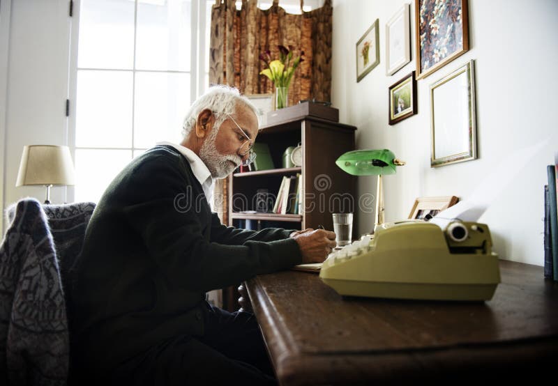 Seniore Man Writing Alone in Room Stock Photo - Image of lonely ...