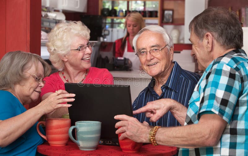 Seniors Having Fun with Computer in Cafe Stock Image - Image of patron ...