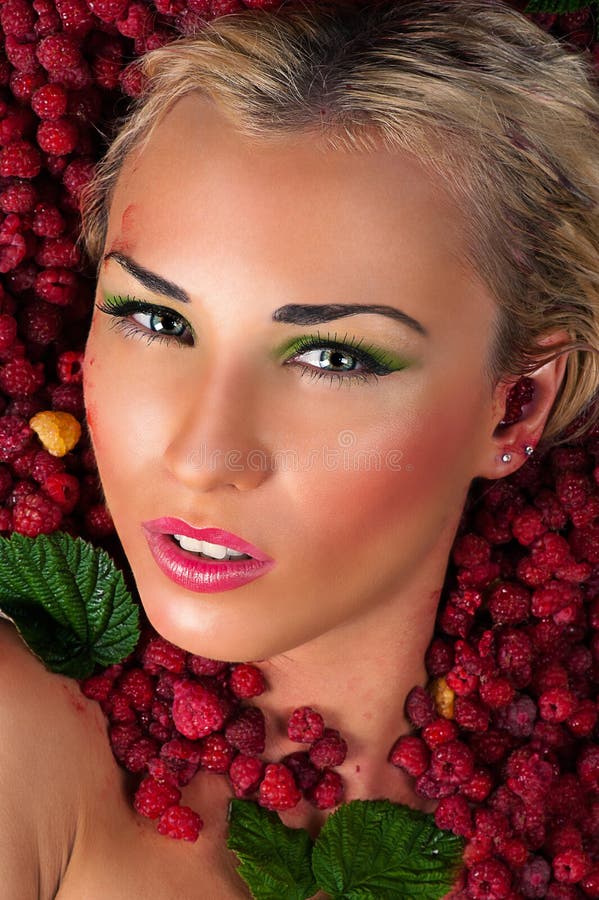 Sensual Female Face in Raspberries Stock Photo - Image of dessert, head ...