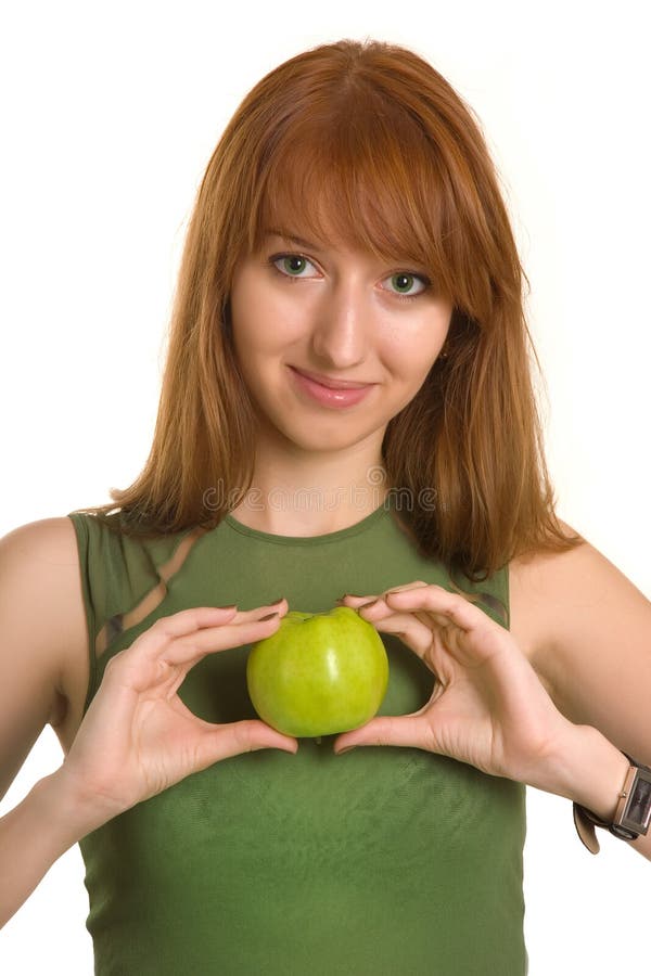 Teen Girl Eat Apple Isolated on White Stock Photo - Image of female ...