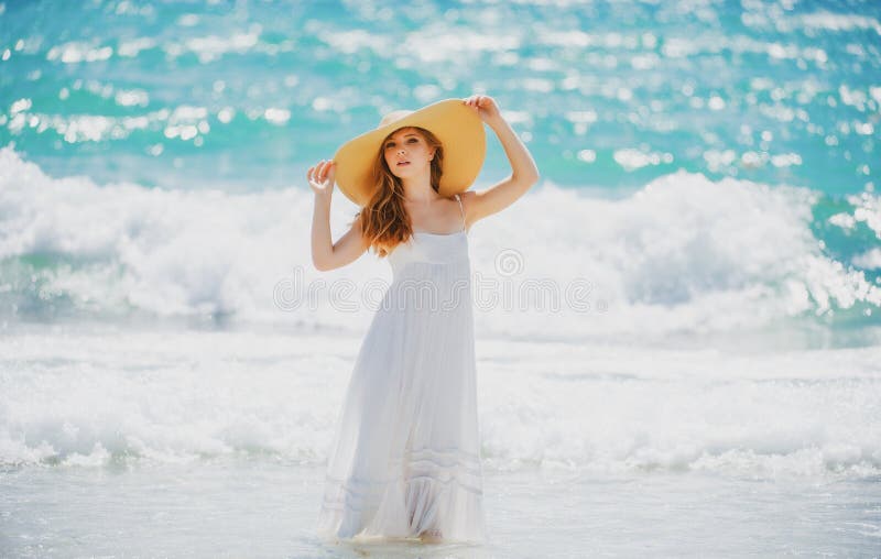 Sensual Girl With Straw Hat Enjoying Sunbath At Beach Tanned Woman