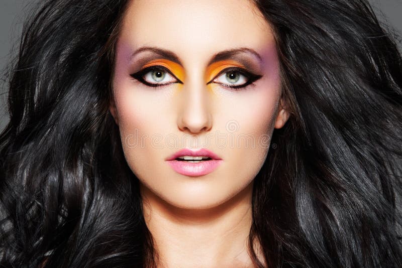 Sensual Model. Oriental Make-up & Long Volume Hair Stock Image - Image ...