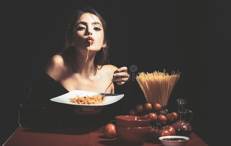 Sensual Woman Eat Spaghetti Italian Girl Eats Spaghetti Pasta Stock
