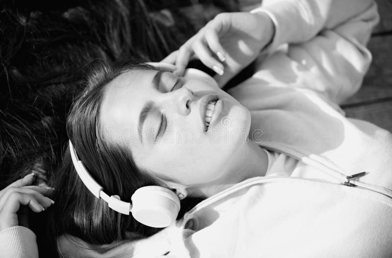 Sensual Young Woman Listening Music With Headphones Favorite Music And