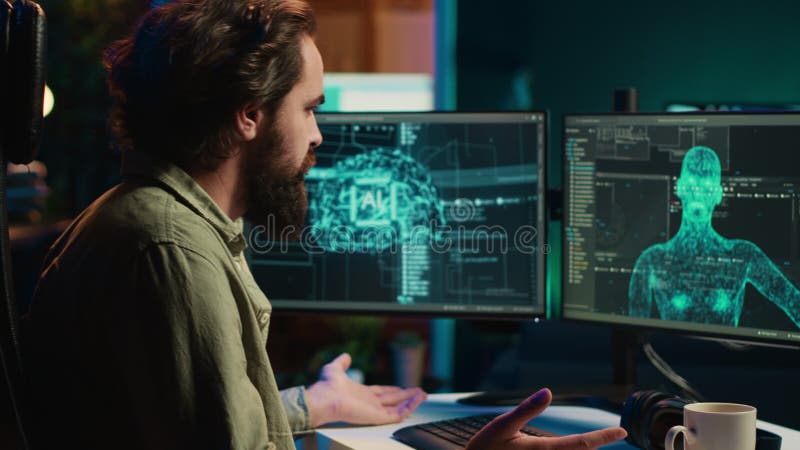 Sentient AI Gains Humanoid Form Inside Computer, Waving Hand, Greeting ...