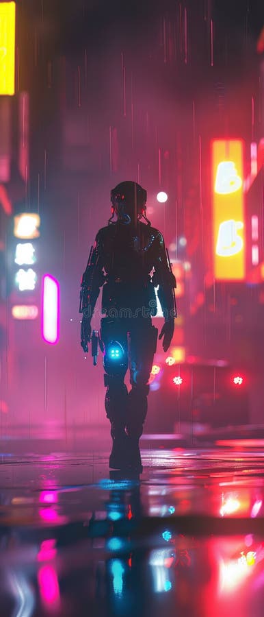 Sentient Android on Patrol Amidst a Blur of Neon the Embodiment of ...