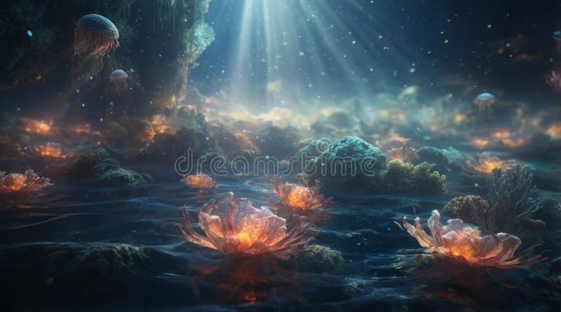 Sentient Digital Ocean with Bioluminescent Data Creatures and Floating ...