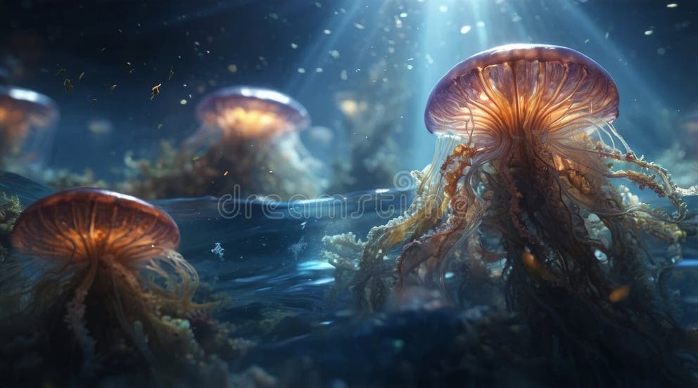 Sentient Digital Ocean with Bioluminescent Data Creatures and Floating ...