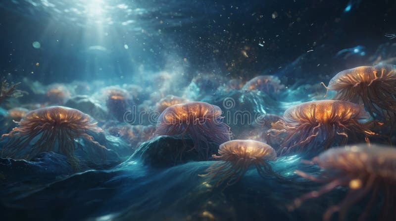 Sentient Digital Ocean with Bioluminescent Data Creatures and Floating ...