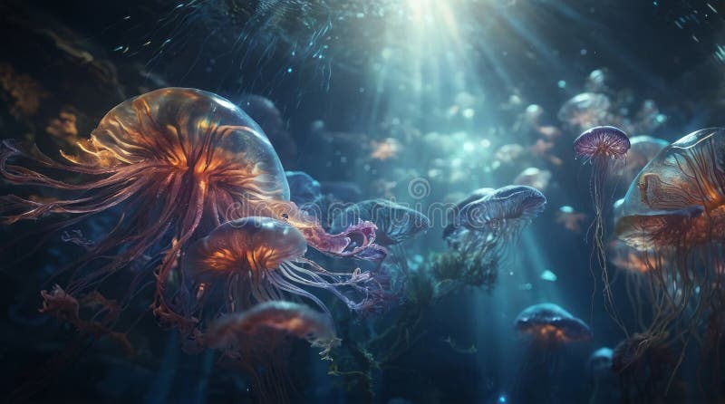 Sentient Digital Ocean with Bioluminescent Data Creatures and Floating ...