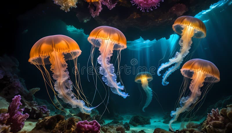 Sentient Jellyfish in a Bioluminescent Underwater Cave Stock ...